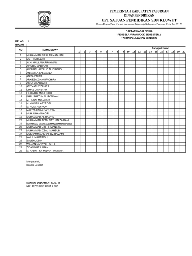 Daftar Hadir Siswa Pjok Kelas I Vi Pdf