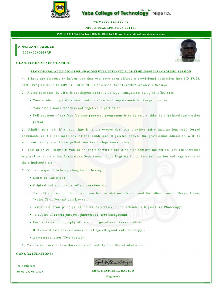 YABATECH ADMISSION LETTER FOR Olanipekun | PDF