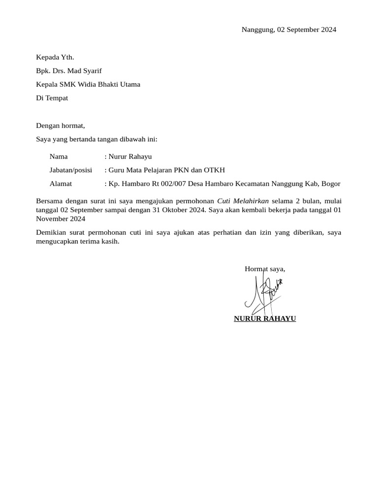 Surat Cuti Wbu | PDF