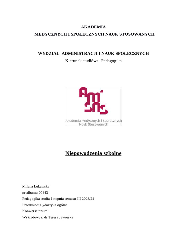 Niepowodzenia Szkolne | PDF