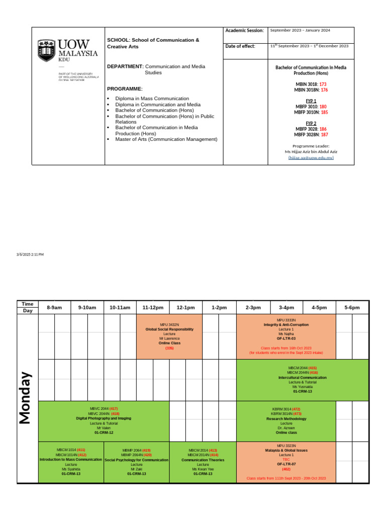 UBMP Timetable Sept 2023 02082023 | PDF | Vocational Education ...
