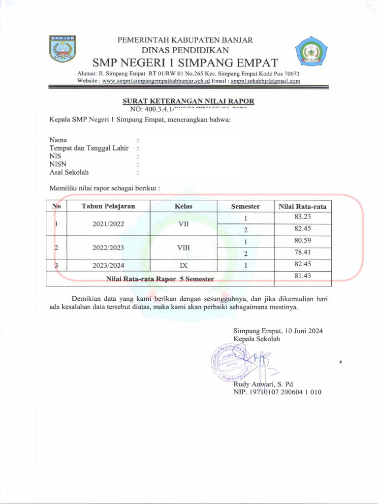 Contoh Rata-Rata Nilai Raport | PDF