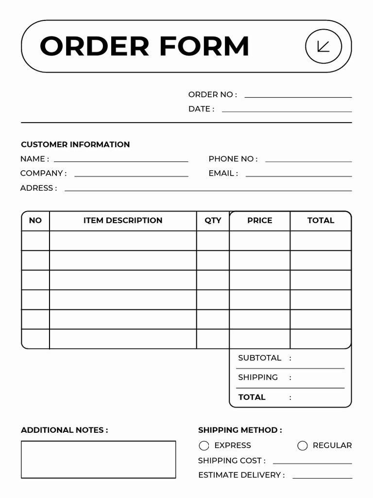 Black and White Simple Order Form A4 Document | PDF