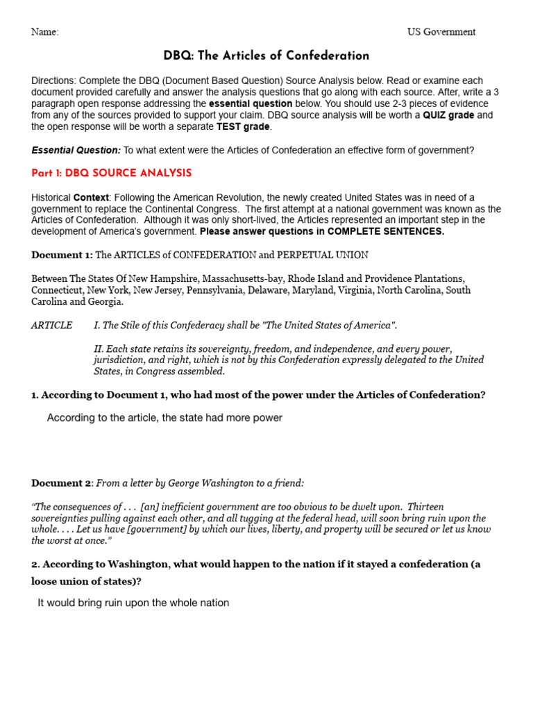 Articles of Confederation DBQ | PDF | Money | The United States