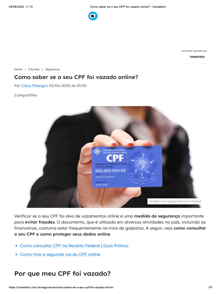 Como Saber Se o Seu CPF Foi Vazado Online - Canaltech | PDF