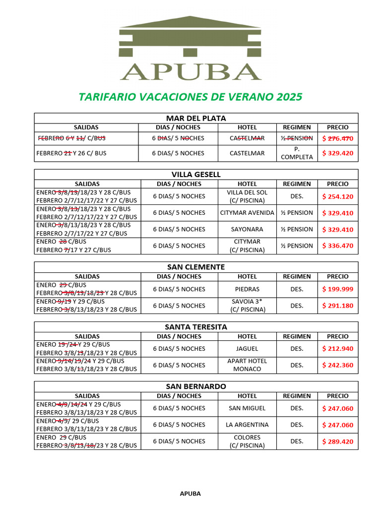 Apuba Tarifario Vacaciones de Verano 2025 | PDF