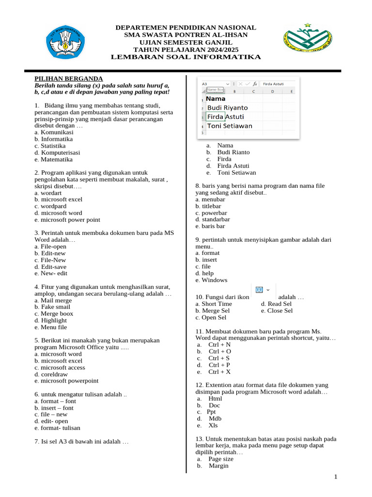 Soal Ujian Semester Ganjil TIK Kls X 2024-2025 | PDF