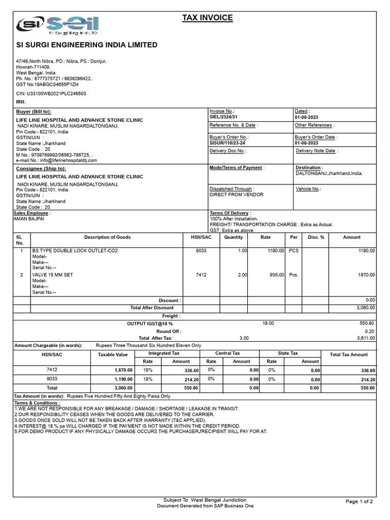 Tax Invoice for SI Surgi Engineering | PDF | Invoice | Taxes