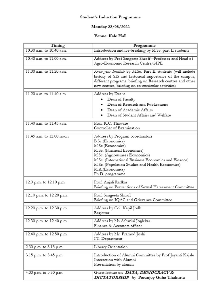 Induction Programme 2022 Pdf