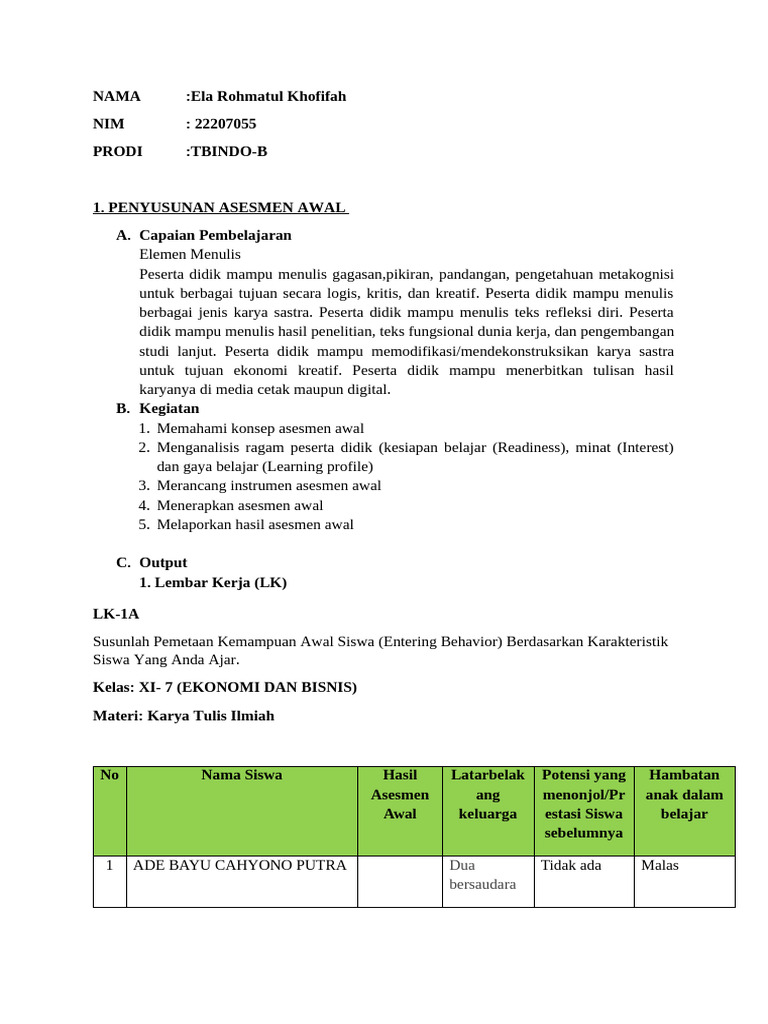 Asesmen Awal Kesiapan Belajar Siswa | PDF