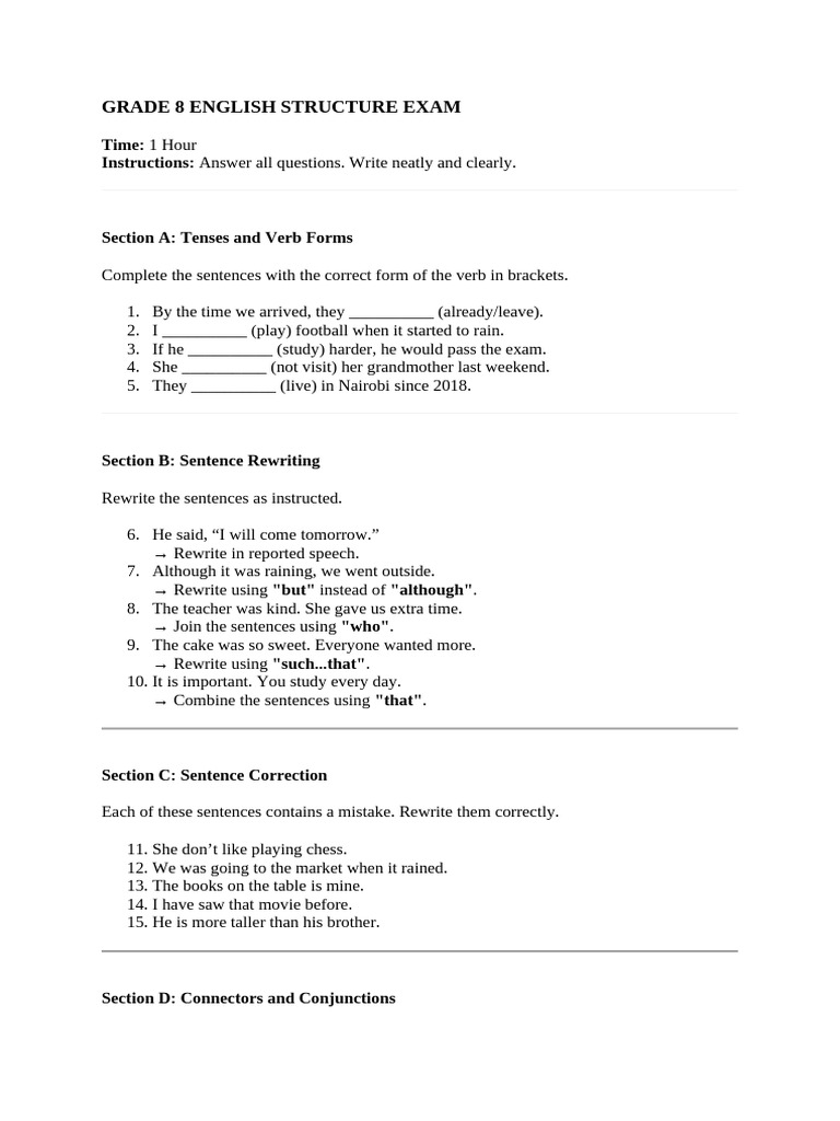 Grade 8 English Exam Structure | PDF