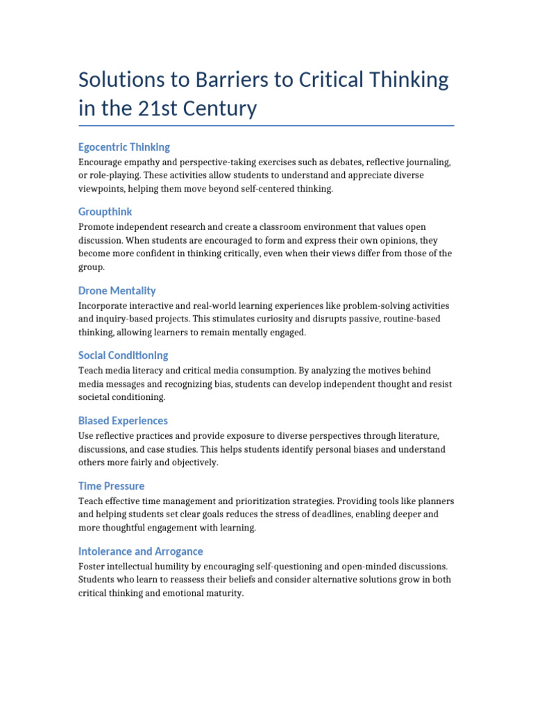 Solutions To Critical Thinking Barriers | PDF