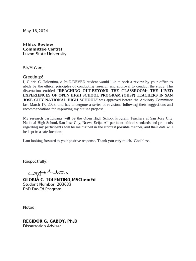 Letter For Ethics Review | PDF