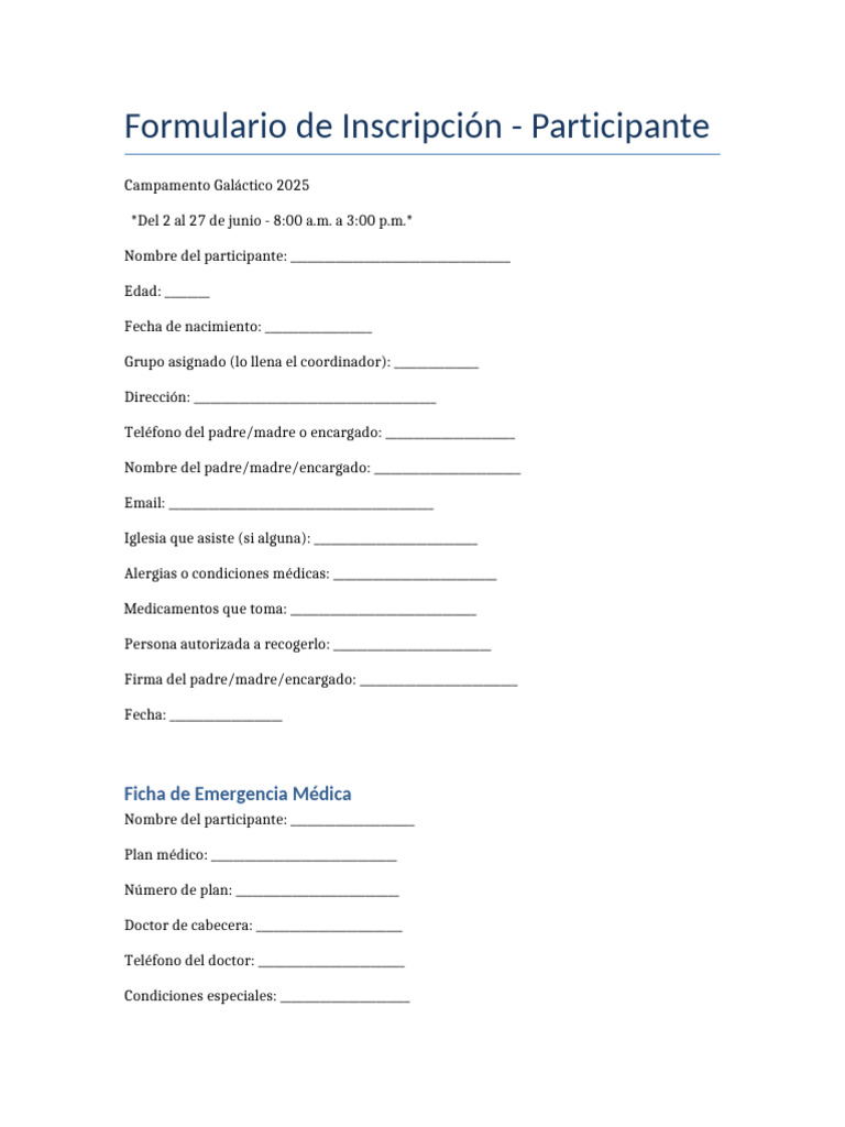 Planillas Campamento Galactico 2025 | PDF