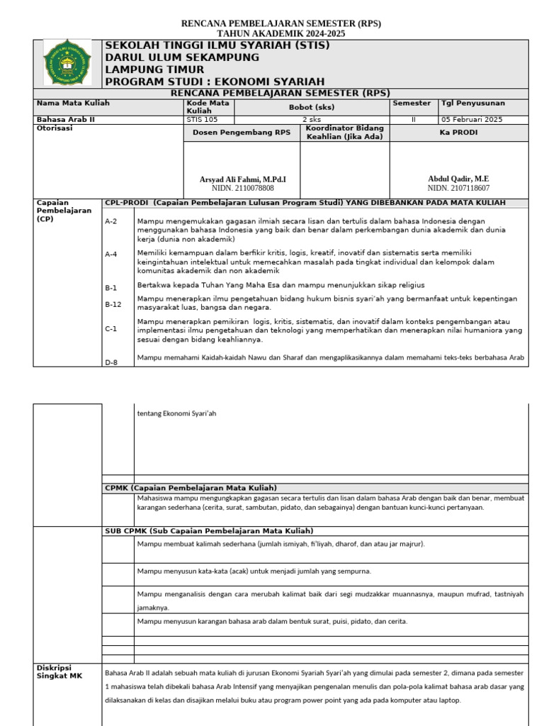 Rps Bahasa Arab II New | PDF