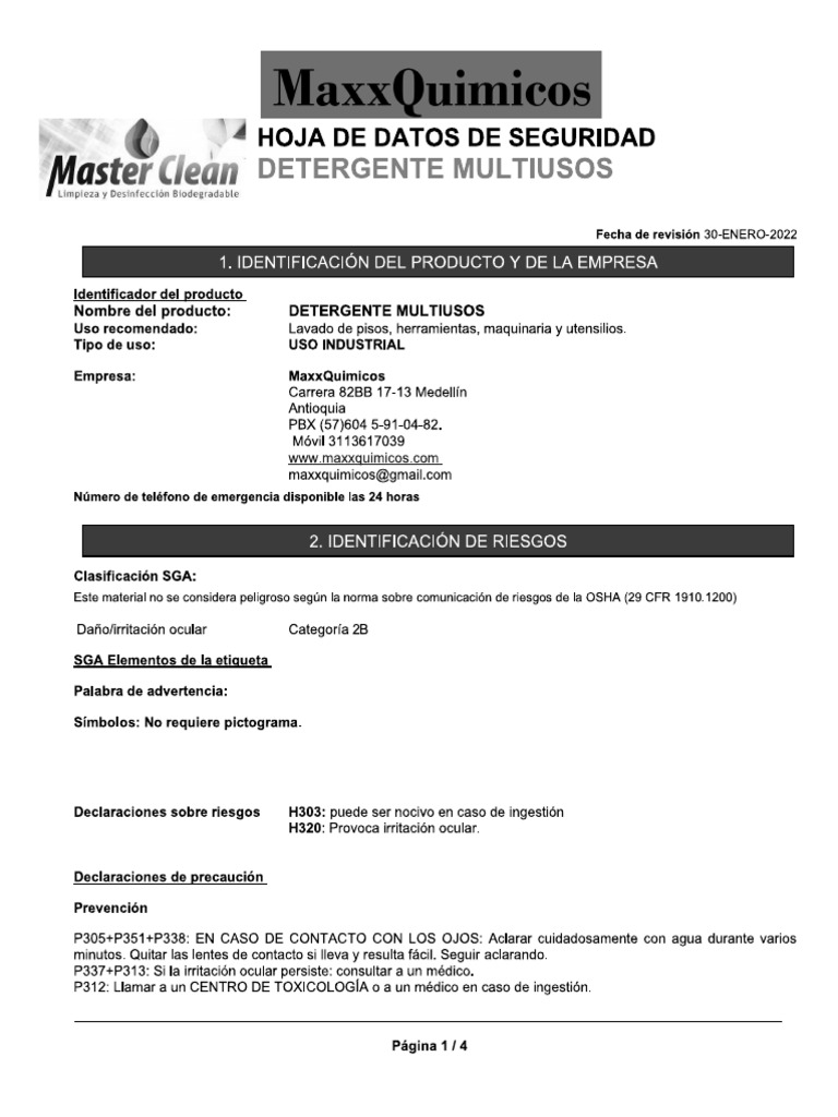 FDS Detergente Multiusos Master Clean 202201 | PDF