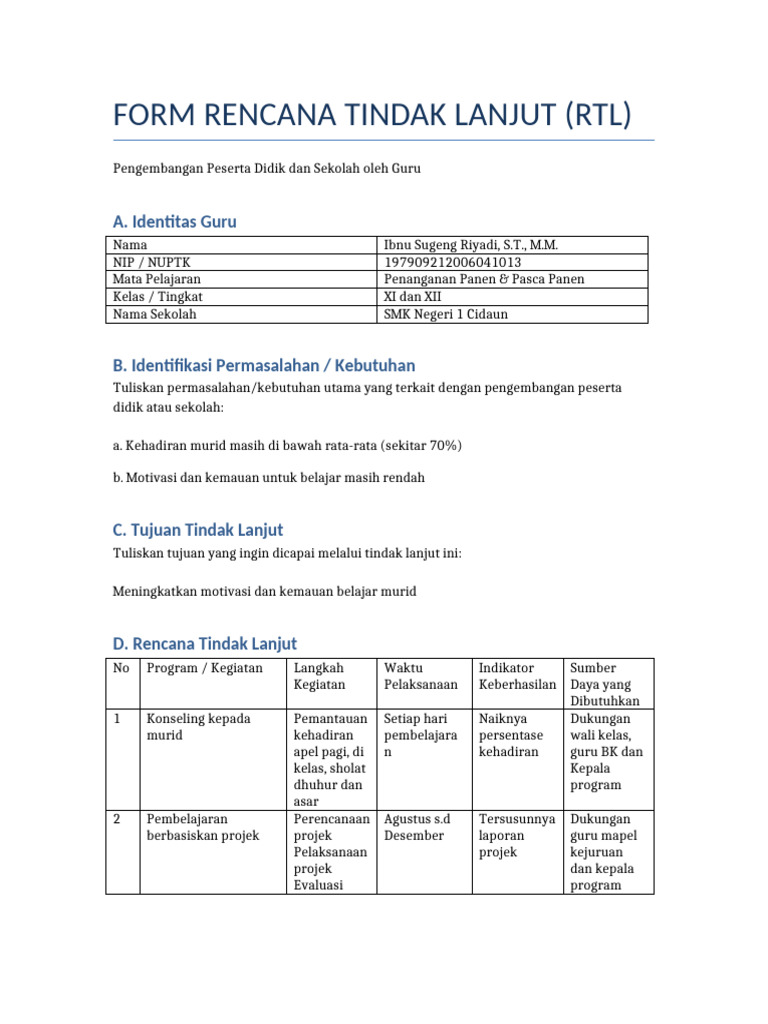 Form RTL Pengembangan Peserta Didik Dan Sekolah SMK | PDF