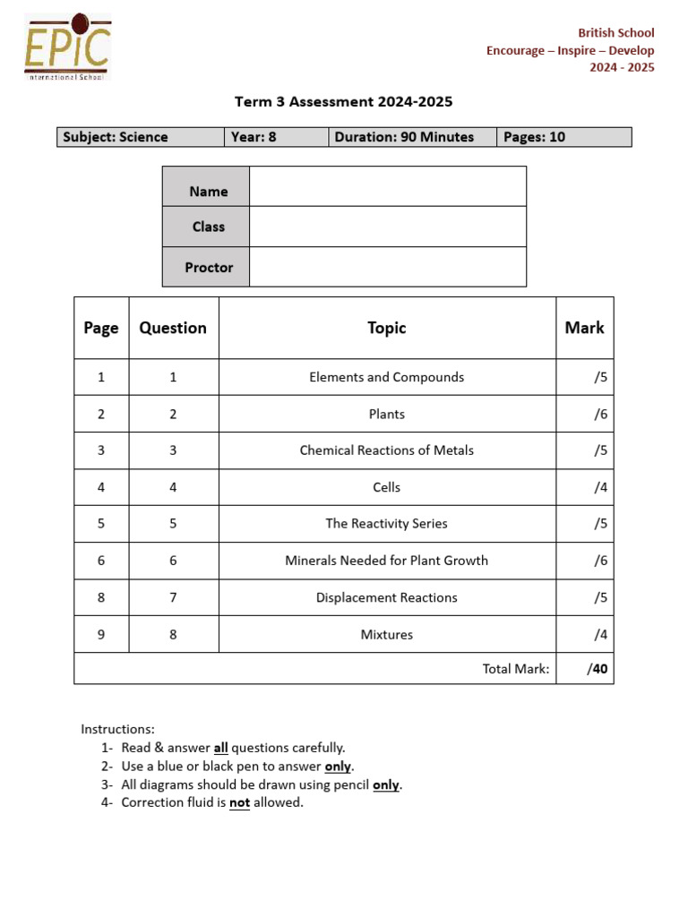 Y8 Term 3 Exam Pdf