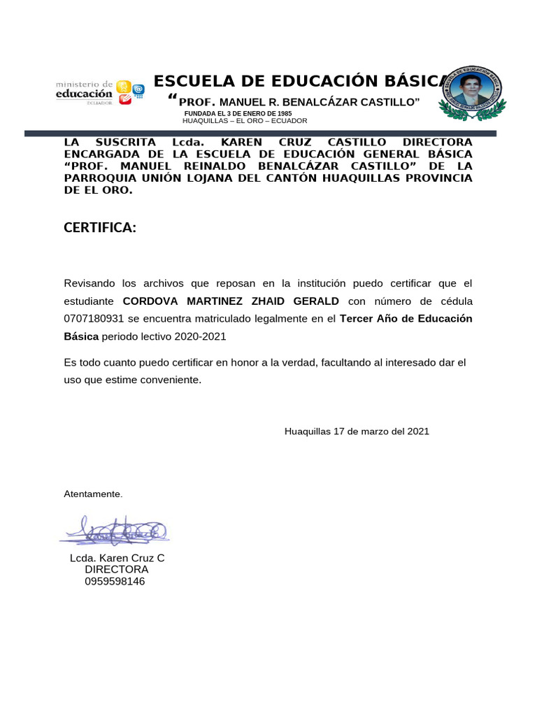 Certificado de Matricula | PDF