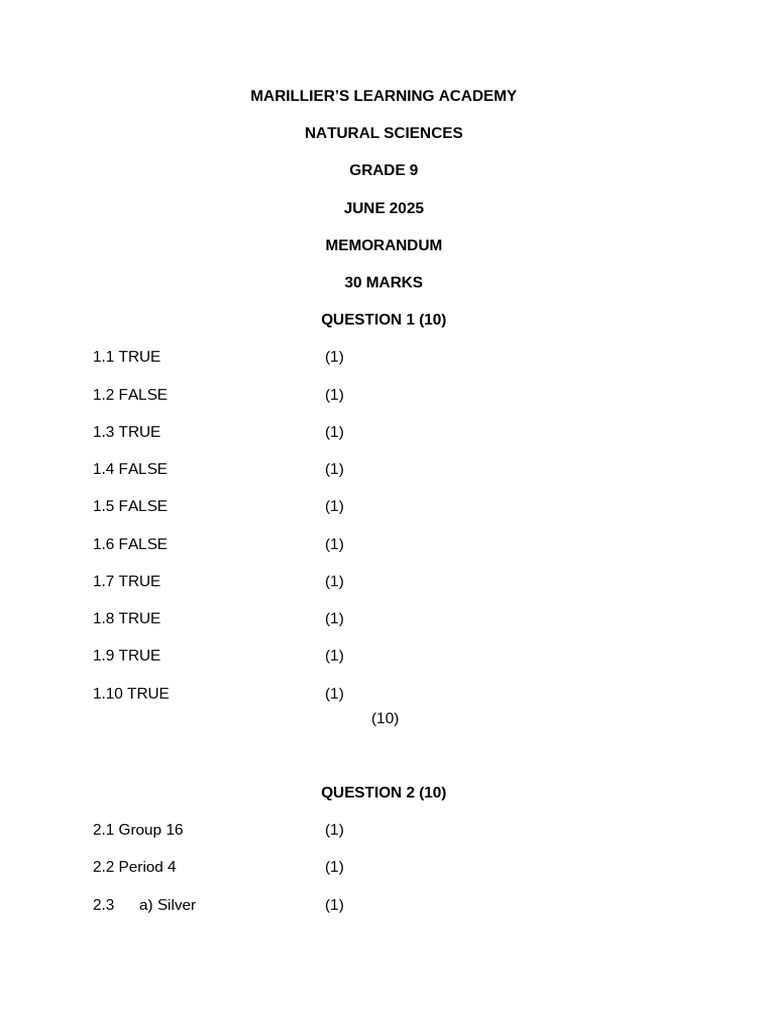 Grade 9 Natural Science June 2025 Memo | PDF