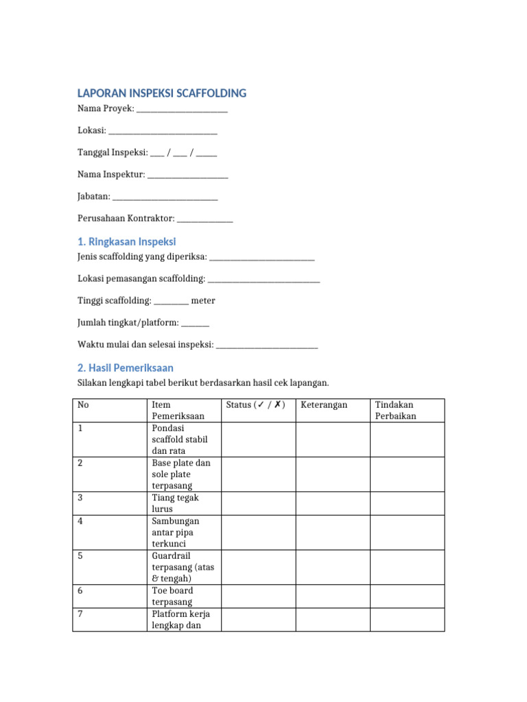Format Laporan Inspeksi Scaffolding | PDF