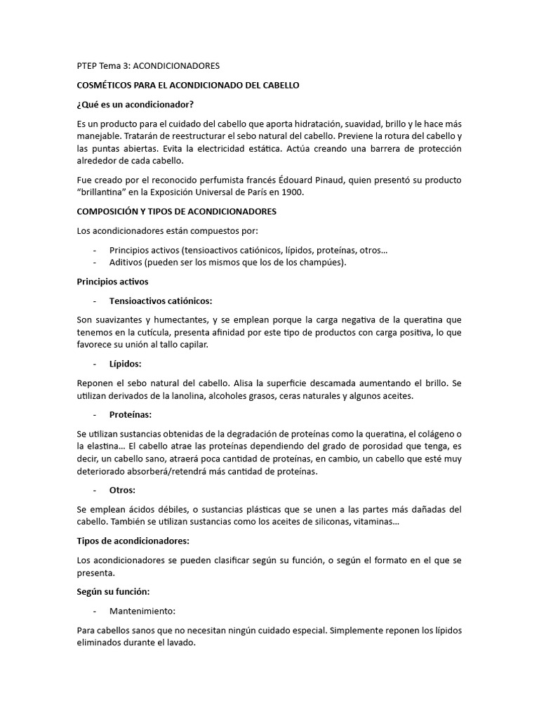 PTEP Tema 3 ACONDICIONAMIENTO CAPILAR | PDF | Productos cosméticos | Pelo