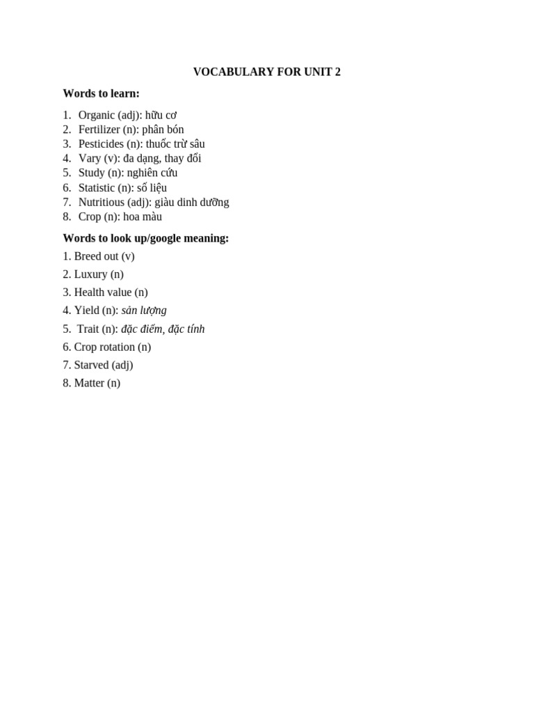 Vocabulary For Unit 2 | PDF
