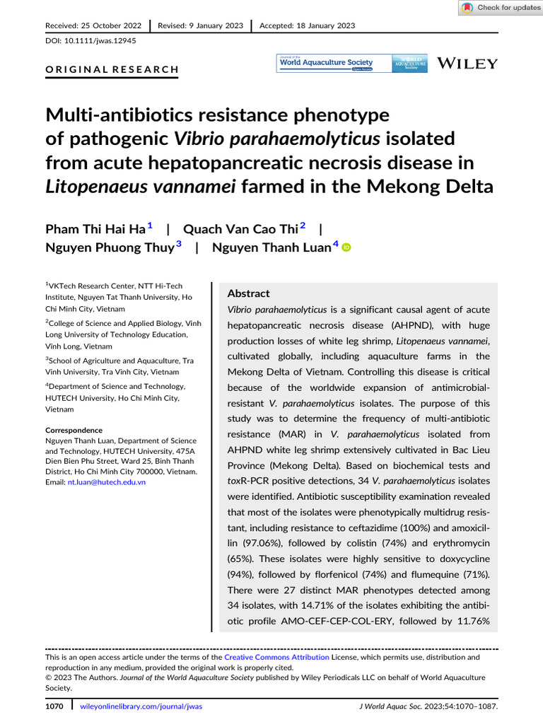 J World Aquaculture Soc - 2023 - Ha - Multi Antibiotics Resistance Phenotype of Pathogenic ...
