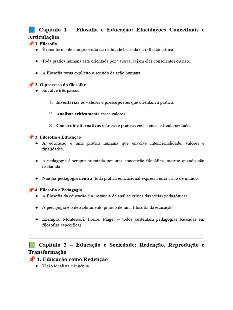 ? Resumo Do Capítulo 1 e 2 para Prova de Filosofias | PDF | Pedagogia | Ideologias