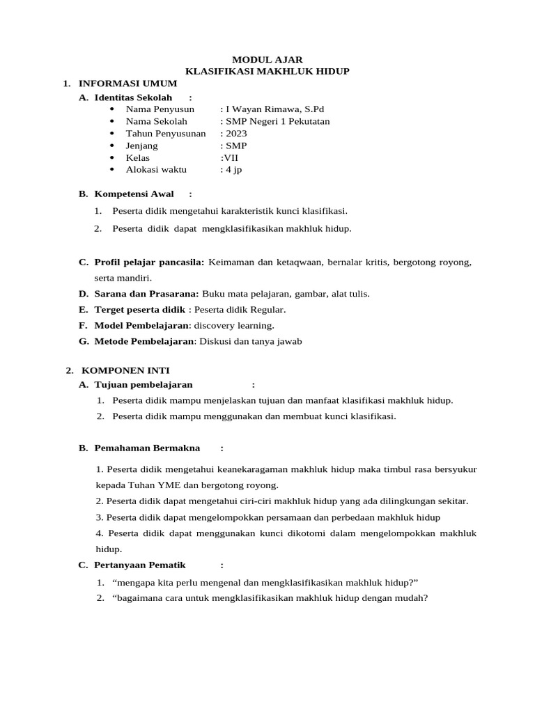Modul Ajar Klasifikasi | PDF