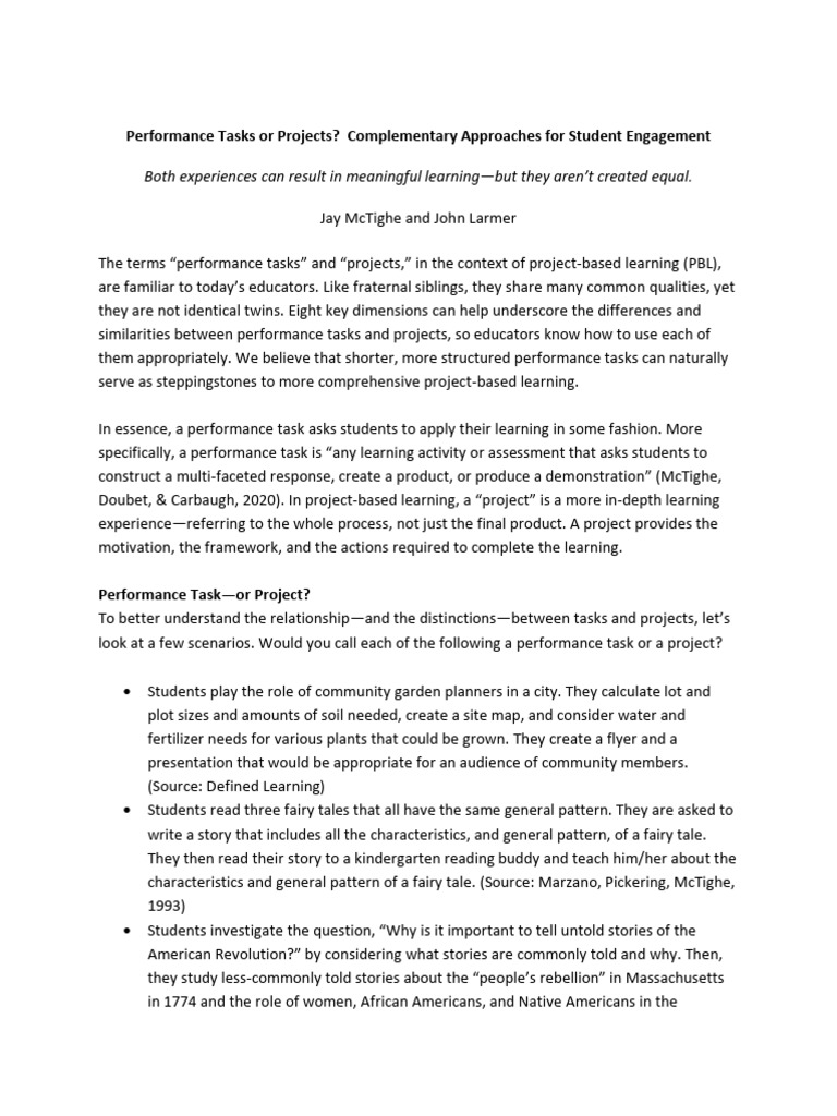 Performance Tasks or Projects by Jay McTighe and John Larmer | PDF | Project Based Learning ...