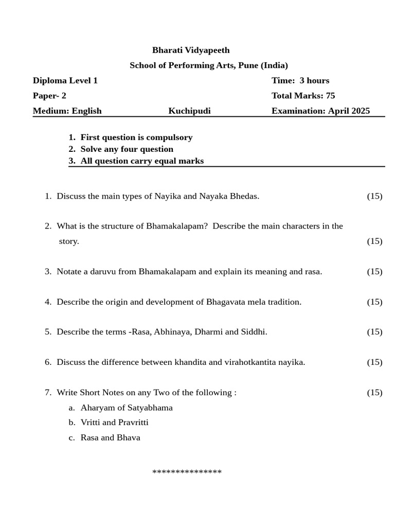 Kuchipudi Diploma Exam Paper 2025 | PDF
