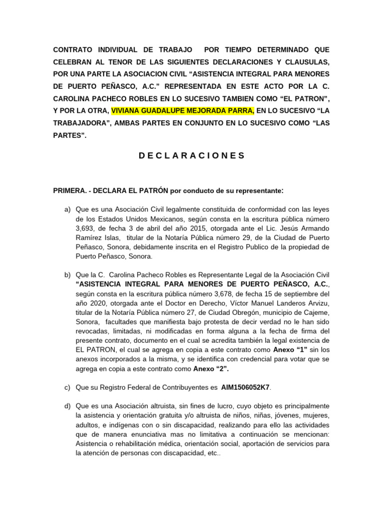 Contrato Aipmpp - Viviana Guadalupe Mejorada-Determinado | PDF | Tiempo de trabajo | Salario