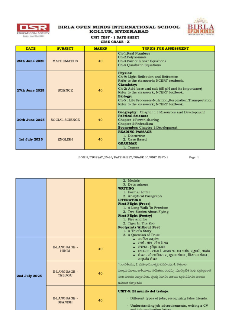 G10-Unit Test-1 - Date Sheet | PDF | Linguistics | Grammar
