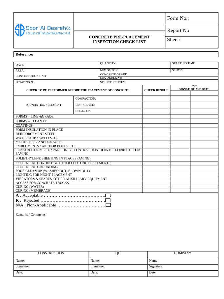 Concrete Pre-Placement Inspection | PDF