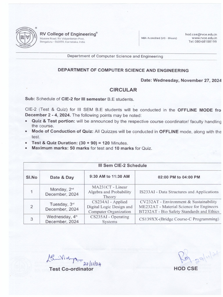 CIE 2 Timetable 3rd Sem | PDF