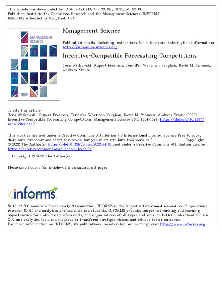 Witkowski Et Al 2022 Incentive Compatible Forecasting Competitions | PDF | Applied Mathematics