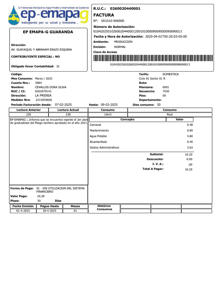 Ep Emapa-G Guaranda: Factura | PDF | Agua dulce | Suministro de agua