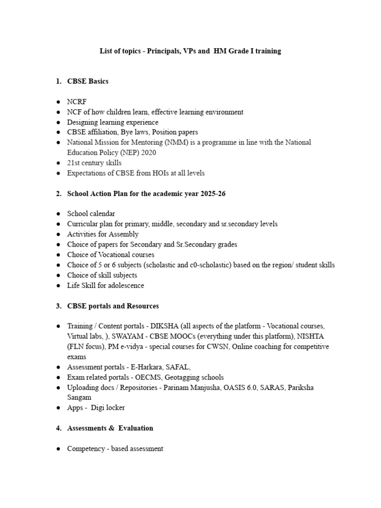 List of Topics - Principals, VPs and HM Grade I Training | PDF