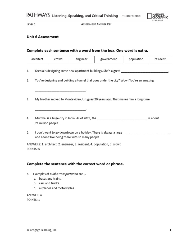 Level 1 Assessment Answer Key | PDF