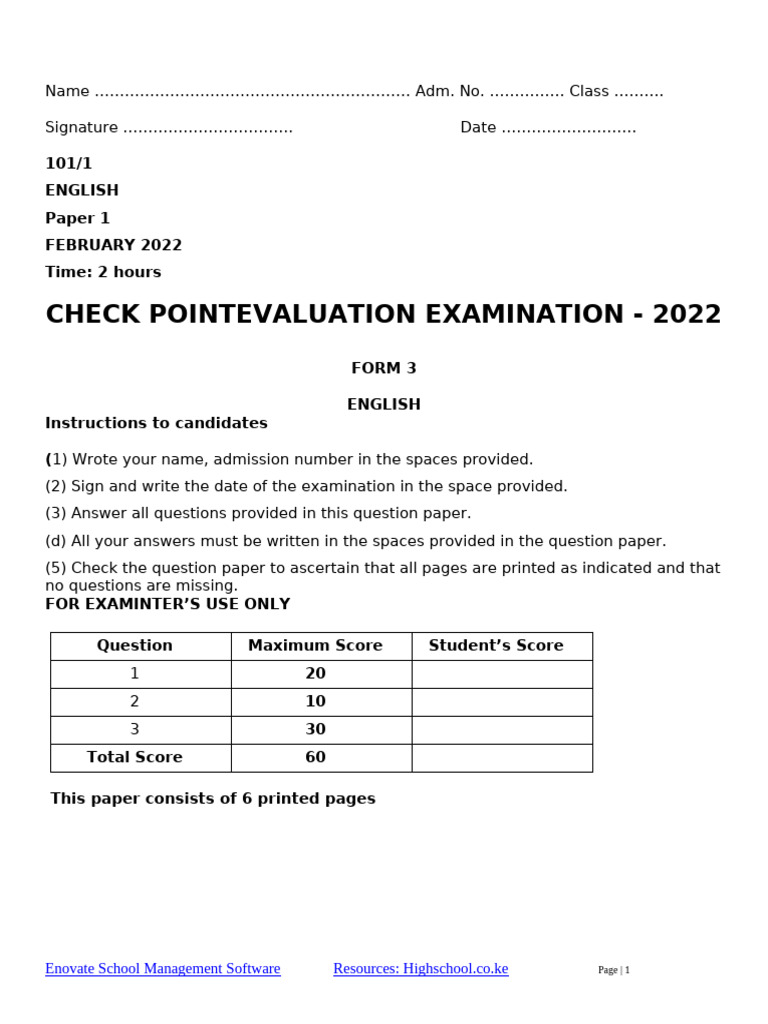101 ENGLISH F3 Paper 1 Questions EndTerm 3 2022 | PDF | Human Communication