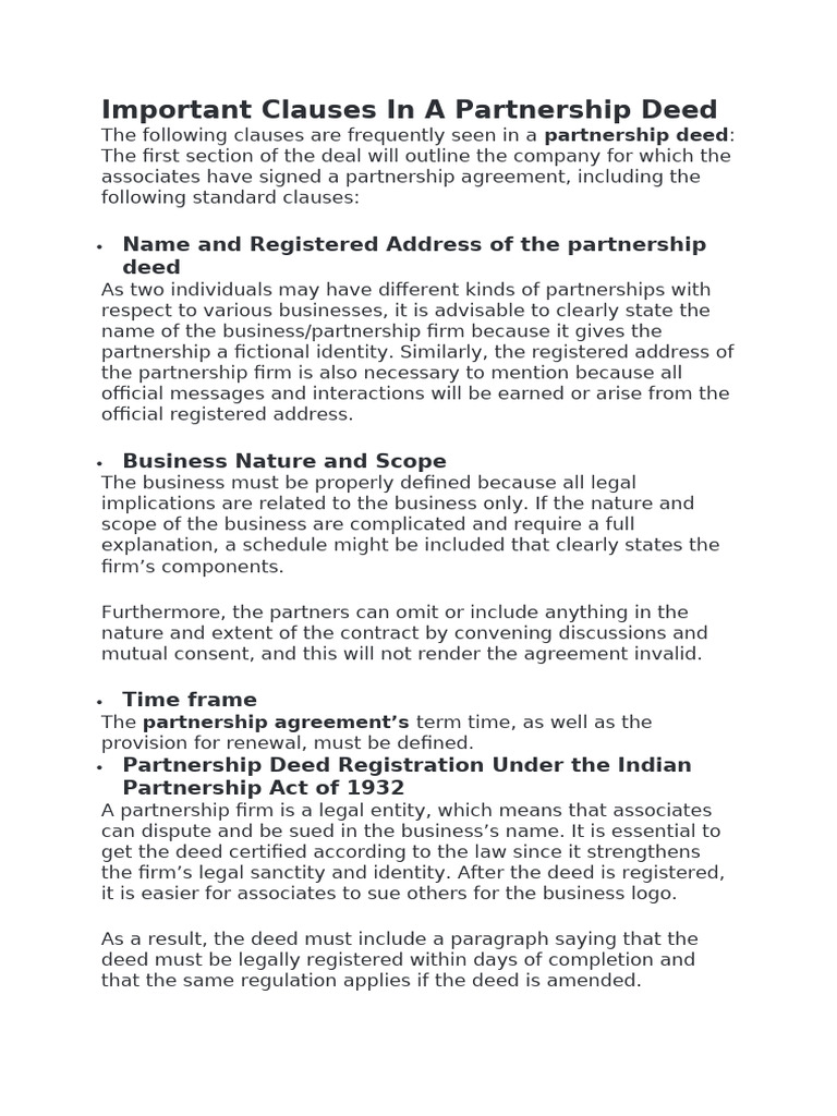 Important Clauses in A Partnership Deed | PDF | Partnership | Deed