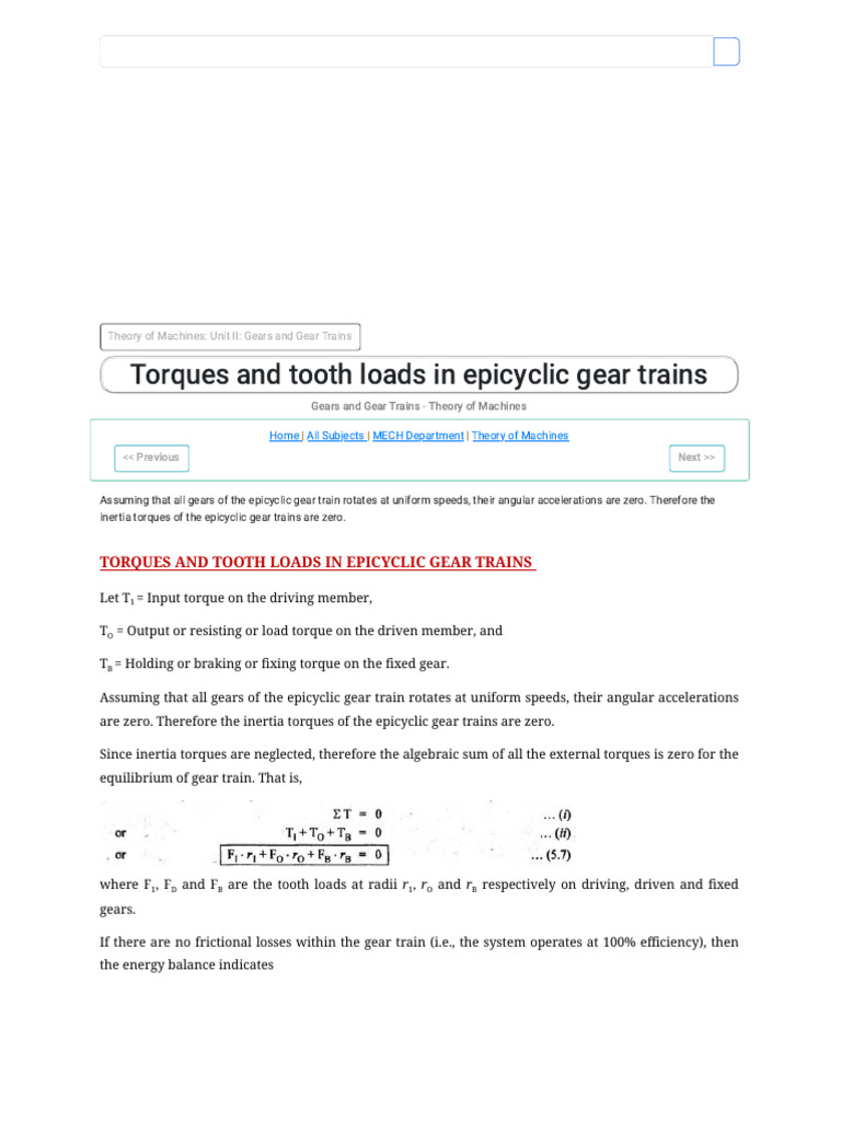 Torques and Tooth Loads in Epicyclic Gear Trains - Gears and Gear Trains - Theory of Machines ...
