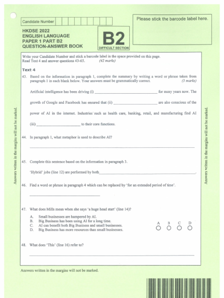 Eng DSE 2022 Paper 1 B2 QB | PDF