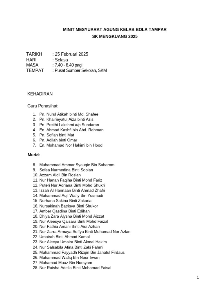 Minit Mesyuarat Agung Kelab Bola Tampar | PDF