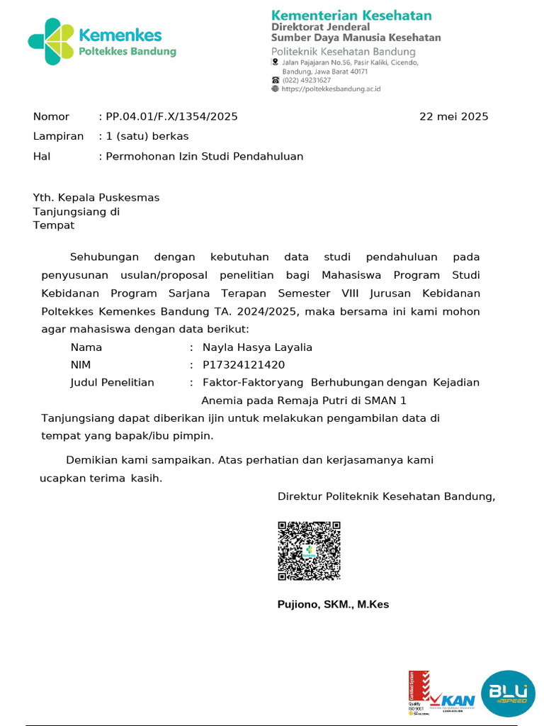 Surat Permohonan Izin Pengambilan Data Nayla (PKM Tanjungsiang) | PDF
