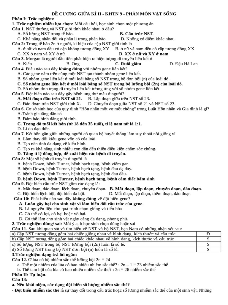 ĐC GK II - Sinh 9 | PDF