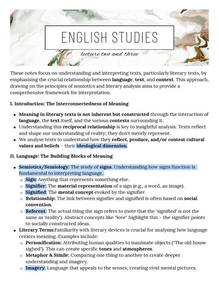 English Studies - Lecture Two and Three | PDF | Semantics | Semiotics