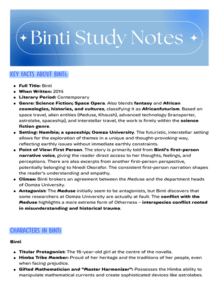 Binti Study Notes: Themes & Characters | PDF