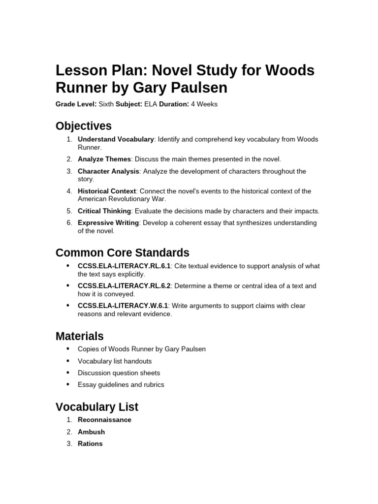 Lesson Plan - Novel Study For Woods Runner by Gary Paulsen | PDF ...